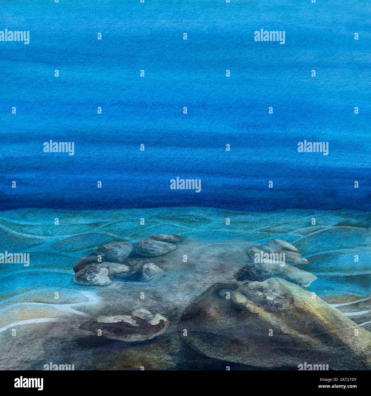 Emerald blue underwater sea water texture with sand and stones ...