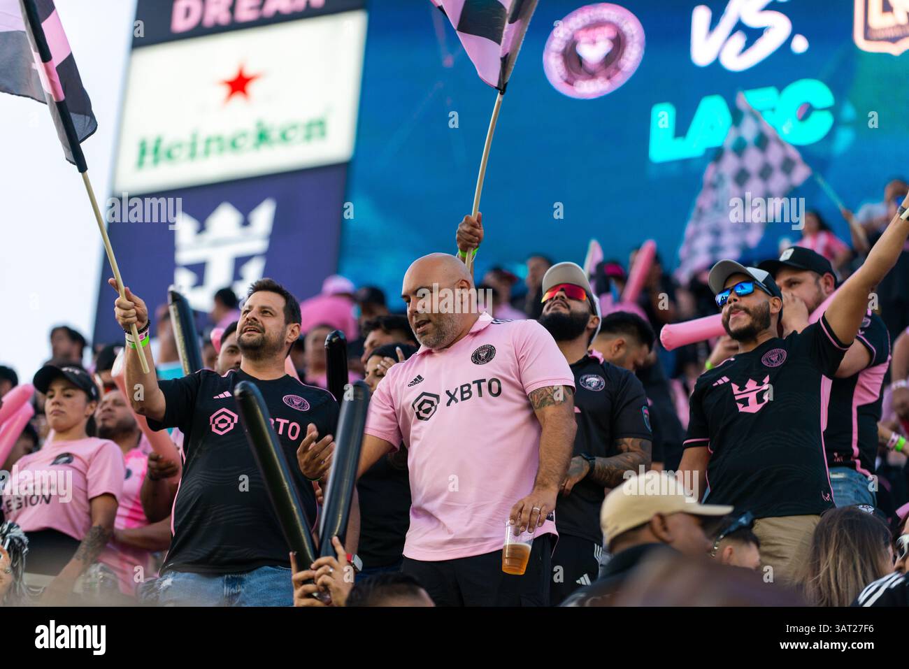 April 9th 2025. Inter Miami CF fans cheer with flags and team colors ...