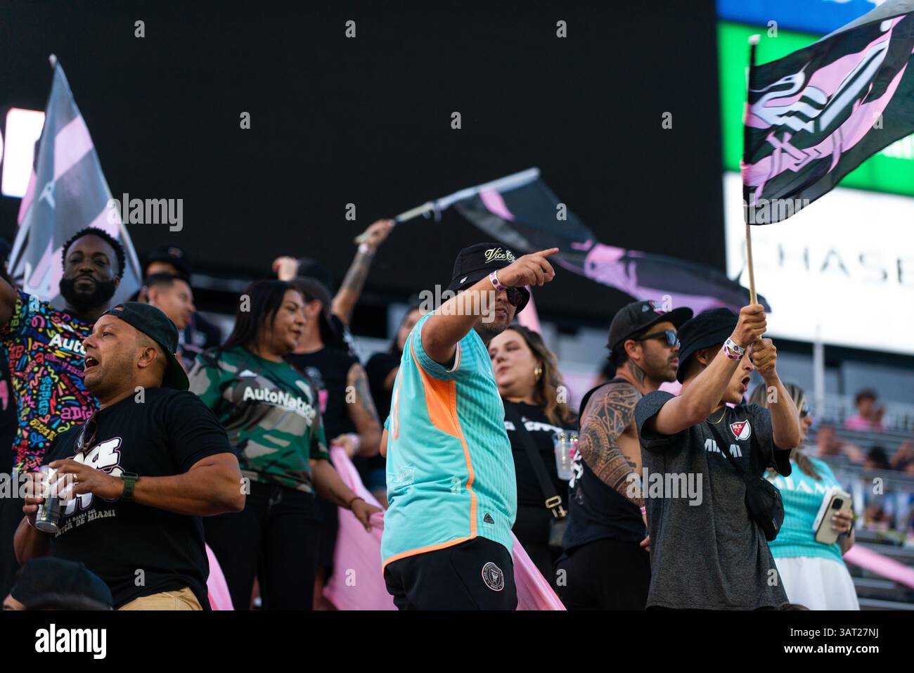 April 9th 2025. Inter Miami CF fans cheer with flags and team colors ...