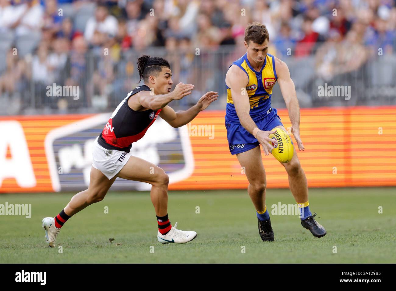 Perth, Australia. 18th Apr, 2025. Jamie Cripps of the Eagles kicks the ball under pressure from ...