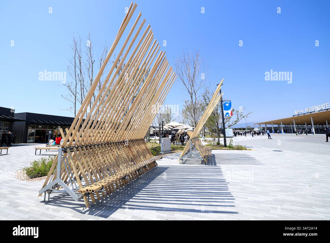 A picture shows bamboo benches at the Expo 2025 in Osaka, Japan, April ...