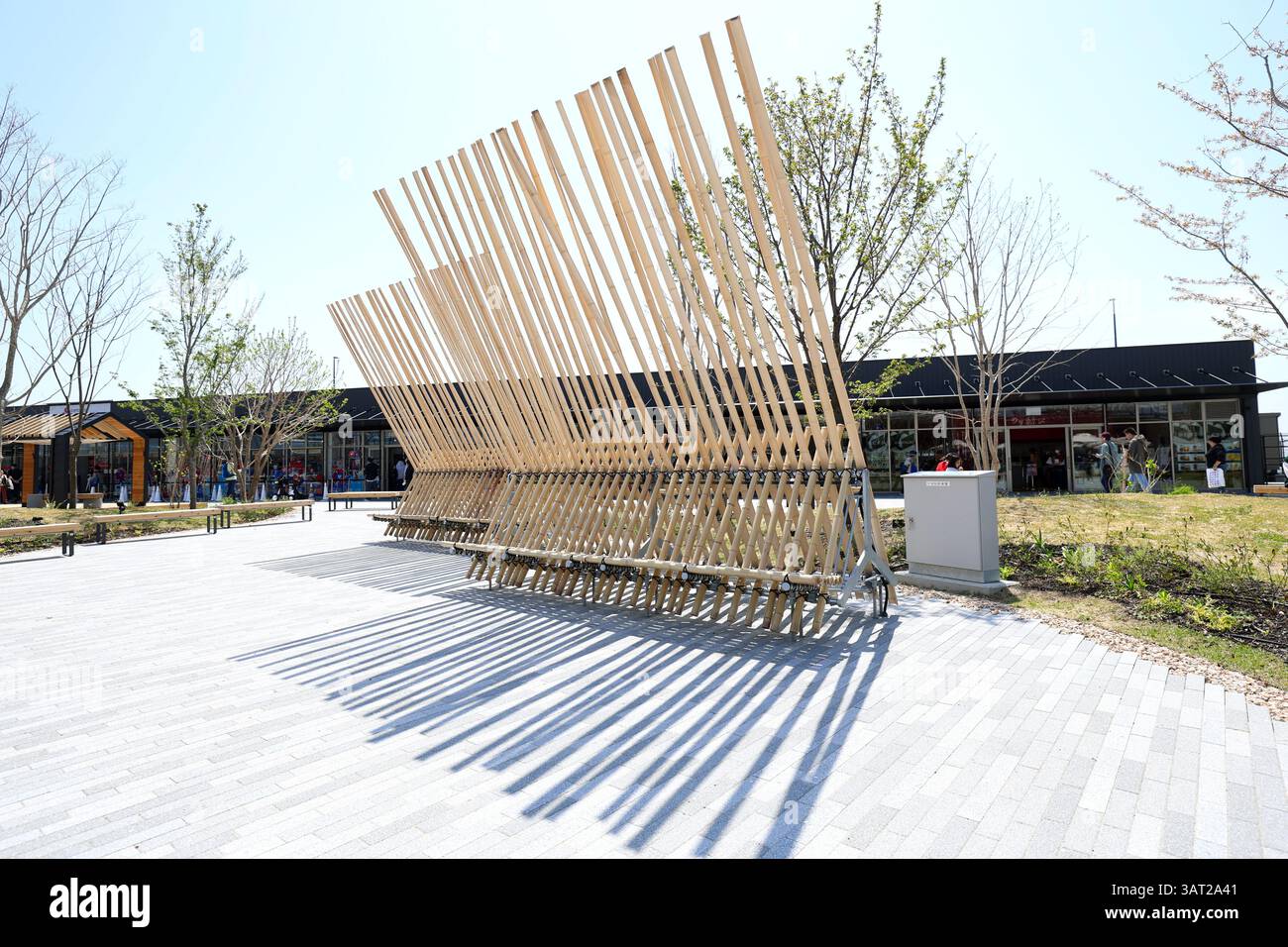 Osaka, Japan. 14th Apr, 2025. A picture shows bamboo benches at the ...