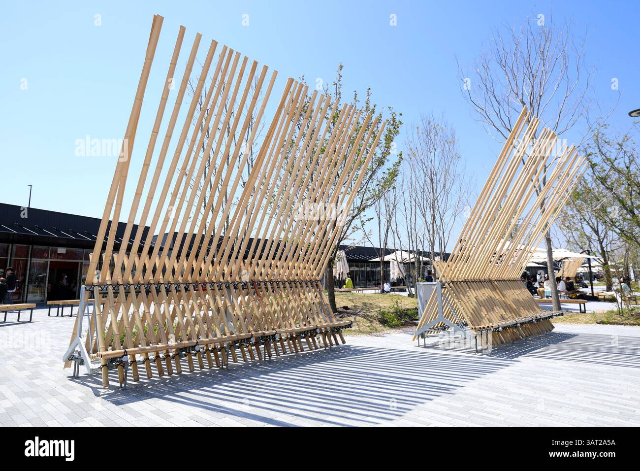 A picture shows bamboo benches at the Expo 2025 in Osaka, Japan, April ...