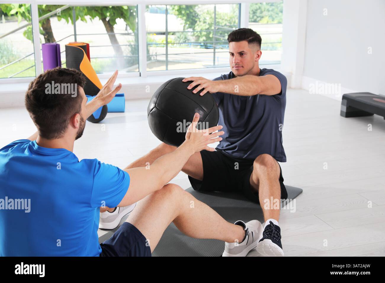 Muscular men exercising with medicine ball in modern gym Stock Photo ...