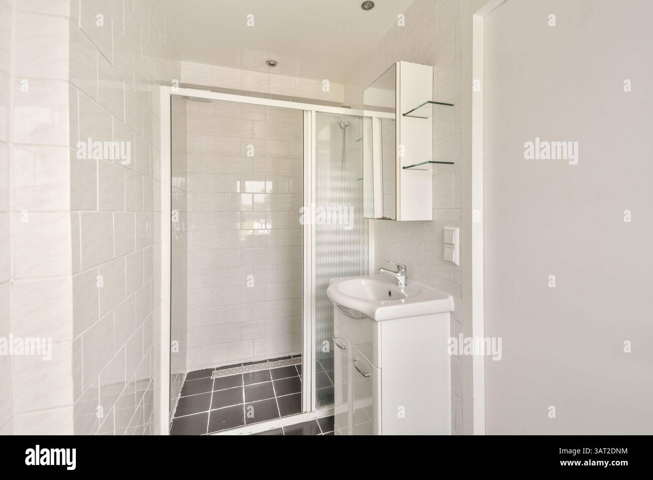A sleek and functional modern bathroom featuring a walk-in shower ...