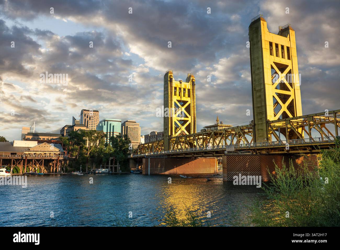 Sacramento California downtown historic Tower Bridge over the river ...