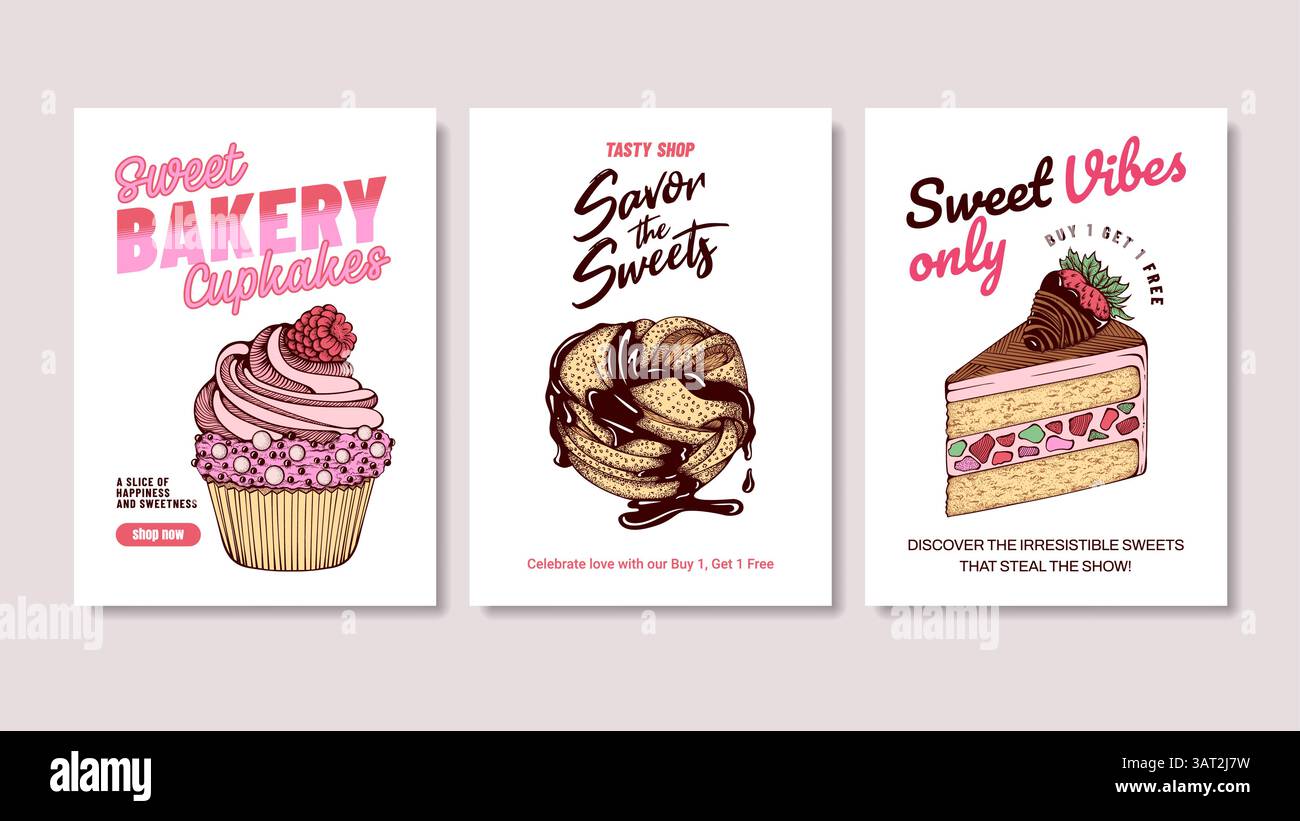 Sweet Dessert Vector Posters with Sketch Cake, Donut, and Pastry Bakery ...