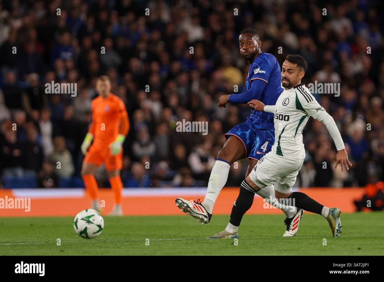 London, UK. 17 April, 2025 Tosin Adarabioyo and Luquinhas during Chelsea FC vs Legia Warsaw UEFA ...