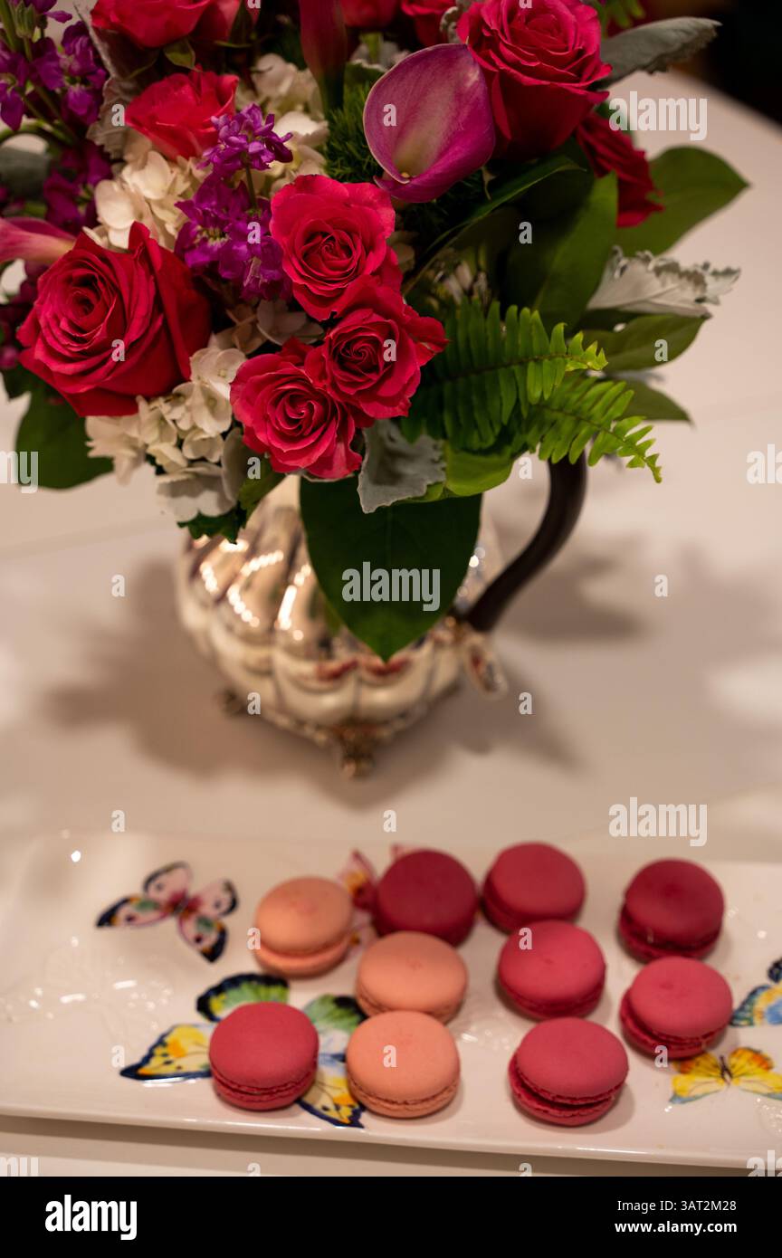 Pink Macarons and Floral Teapot Arrangement at Elegant Bridal Br Stock ...