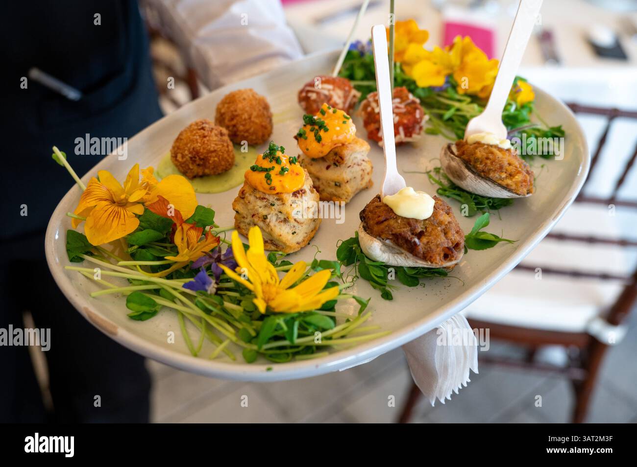 Assorted gourmet wedding appetizers with edible flowers and seafood ...