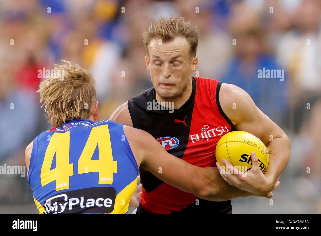 Perth, Australia. 18th Apr, 2025. Mason Redman of the Bombers is ...