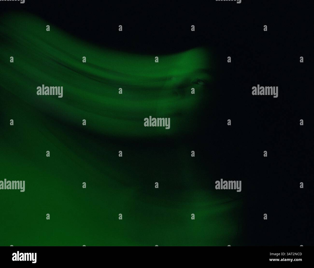 Gen Z woman portrait, distorted image with blurred motion and green ...