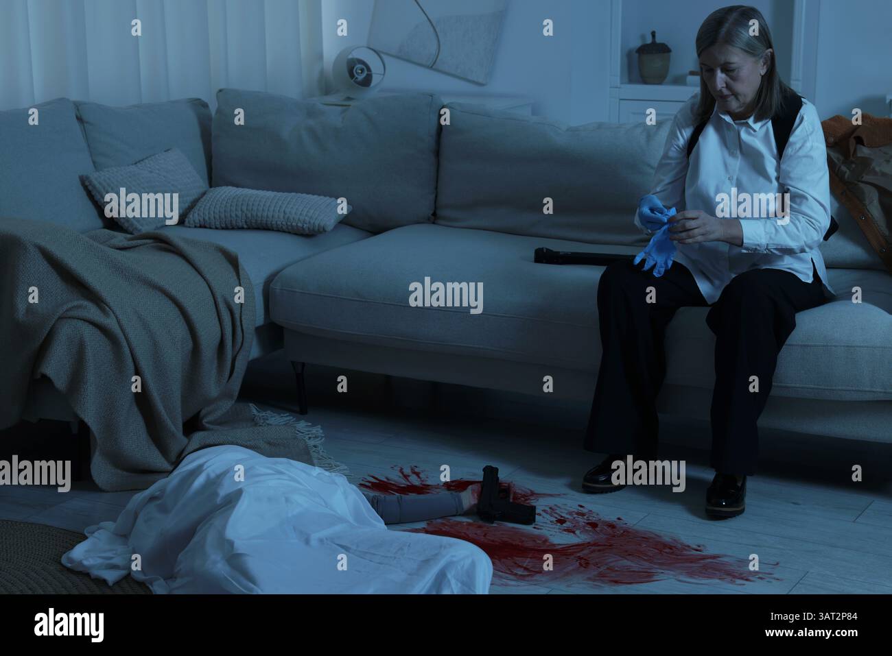 Forensic expert working at crime scene with dead woman's body indoors ...