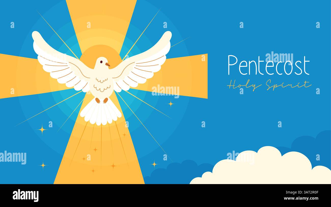 Pentecost Sunday Holy Spirit. Divine Dove with Cross on Blue Background ...