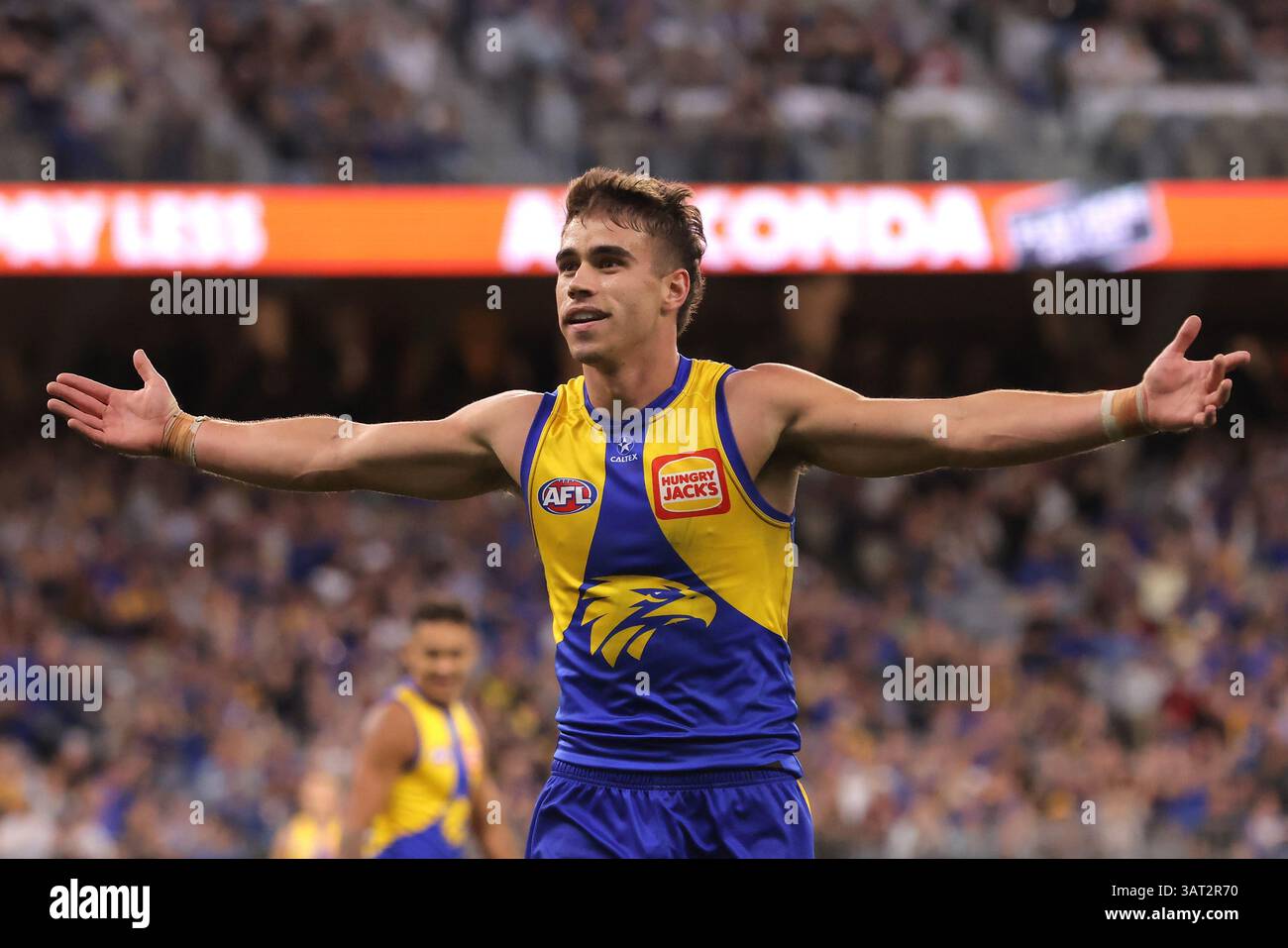 Elijah Hewett of the Eagles celebrates after kicking a goal during the ...