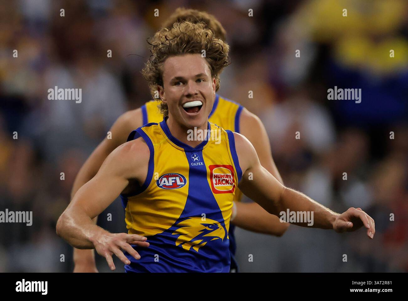 Perth, Australia. 18th Apr, 2025. Jayden Hunt of the Eagles celebrates ...