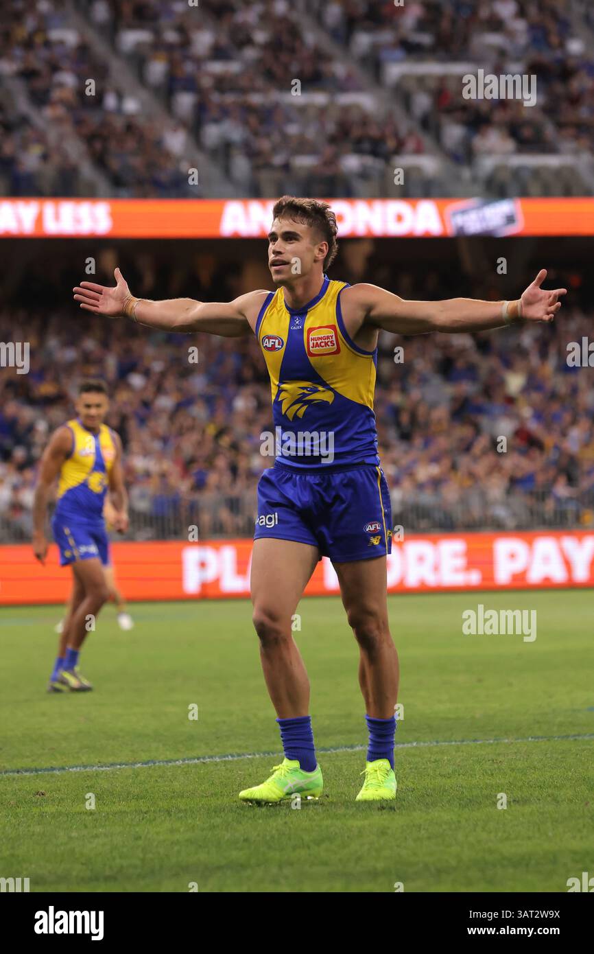 Elijah Hewett of the Eagles celebrates after kicking a goal during the ...