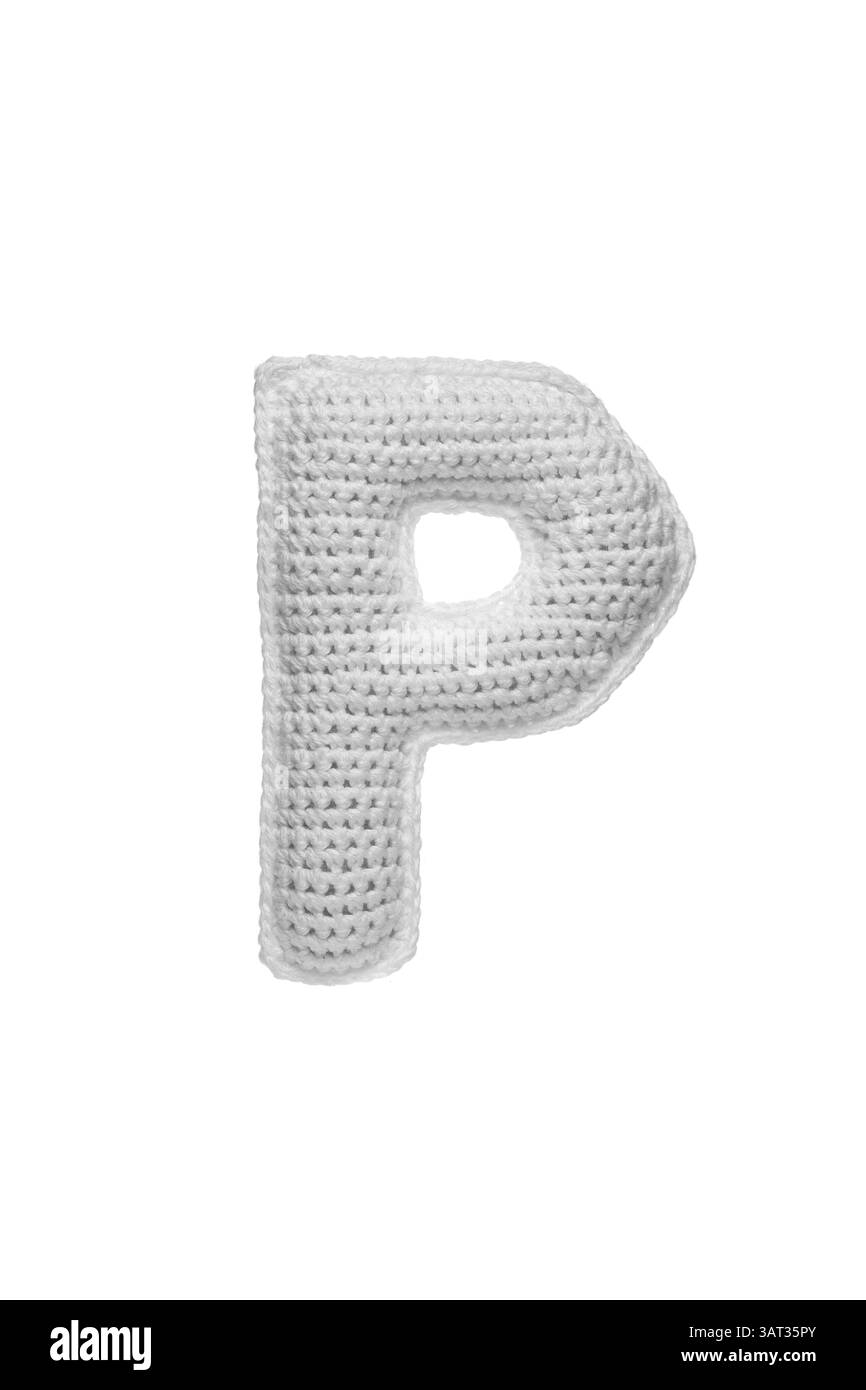 Handmade crocheted letter P in light grey yarn, isolated on white ...