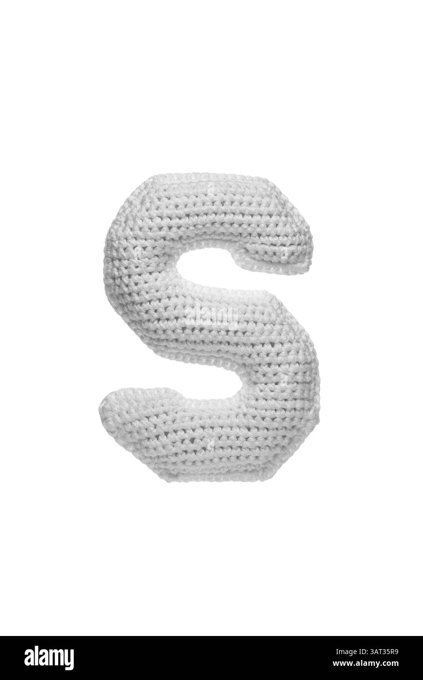 Handmade crocheted letter S in light grey yarn, isolated on white ...