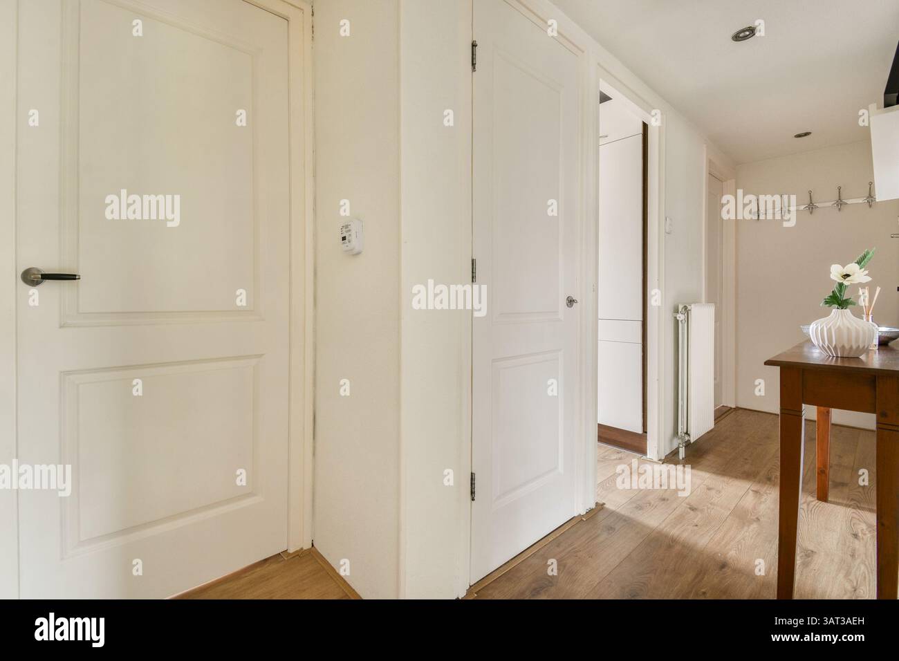 A spacious, well-lit hallway featuring sleek white doors, light wooden ...