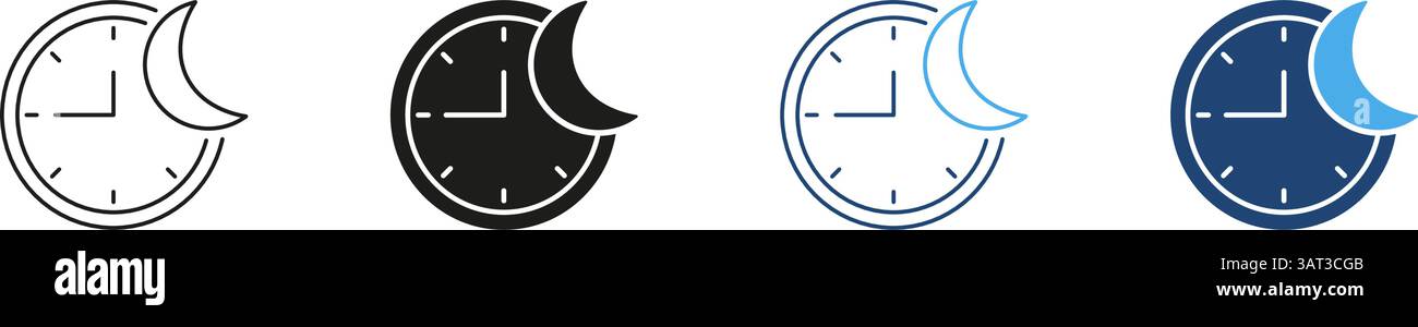 Night Time Mode, Moon with Clock Line and Silhouette Icon Set. Time ...