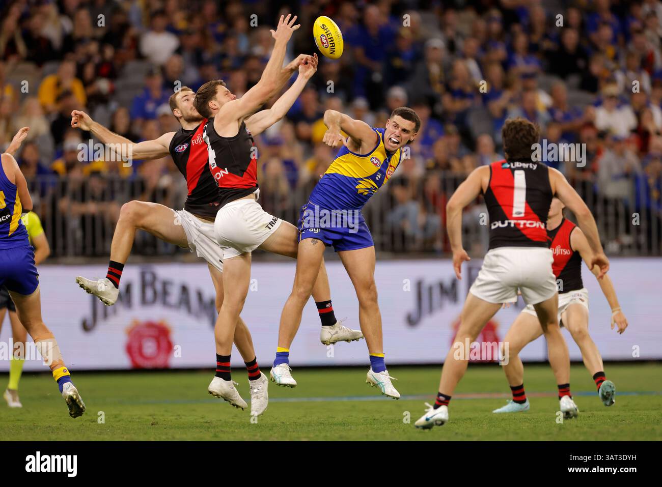 Perth, Australia. 18th Apr, 2025. Jordan Ridley of the Bombers and Jake ...