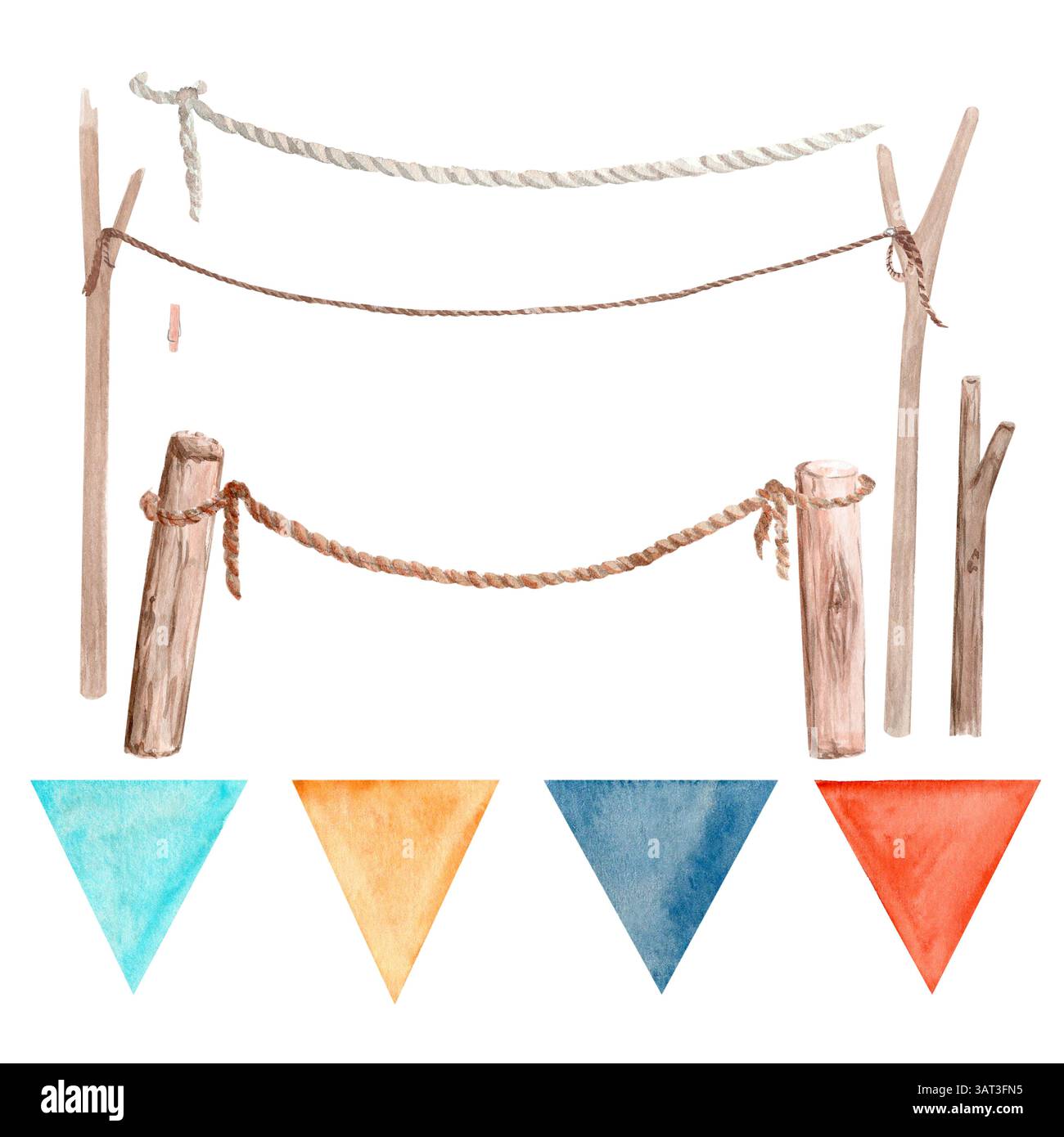 Poles, flags, Jute rope stretched for drying set isolated on white ...