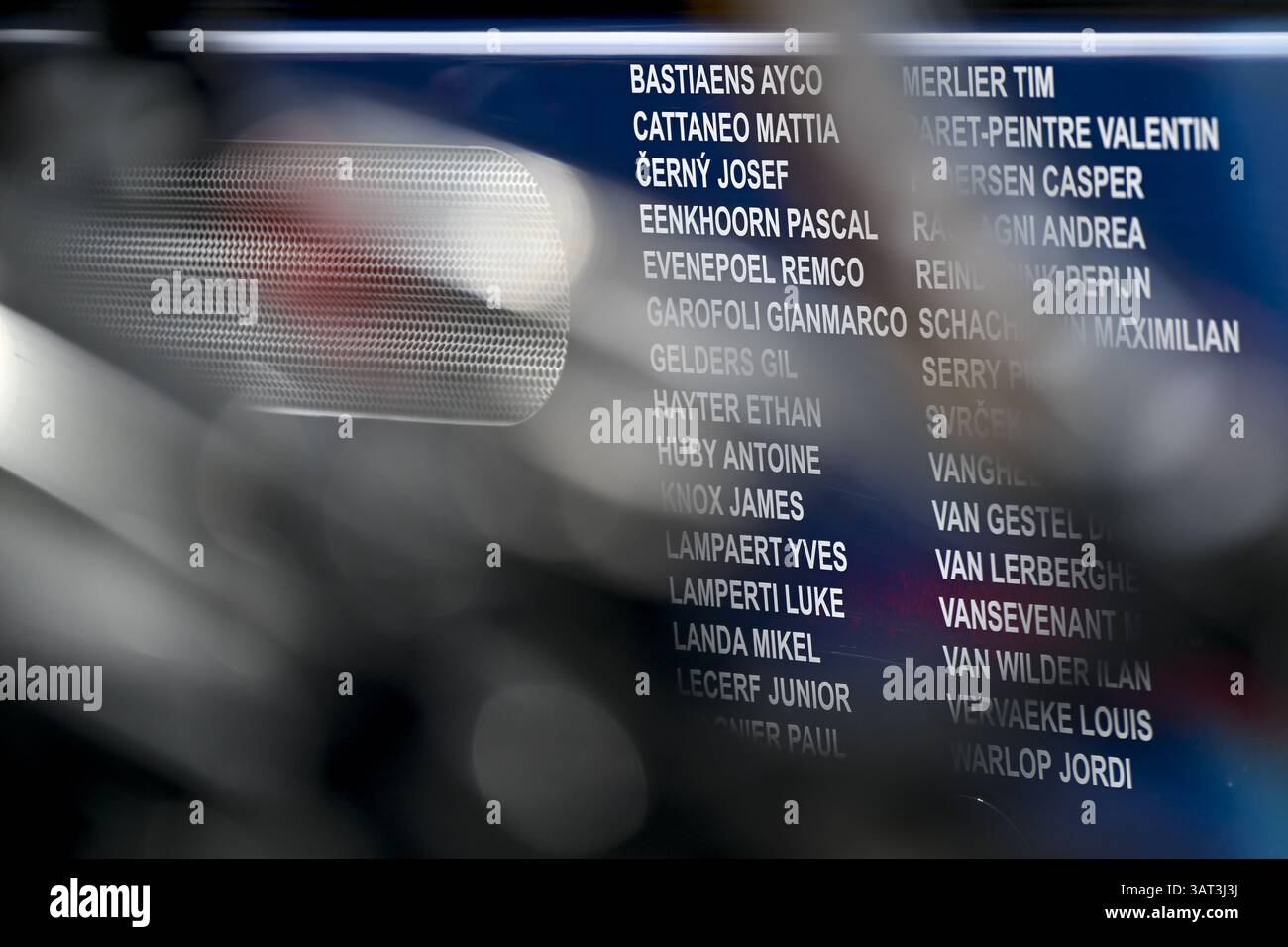 Overijse, Belgium. 18th Apr, 2025. The bus of Soudal Quickstep cycling ...