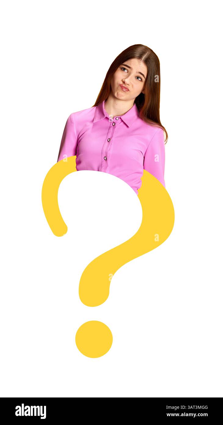 Modern visual artwork. Doubtful woman emerging from question mark ...