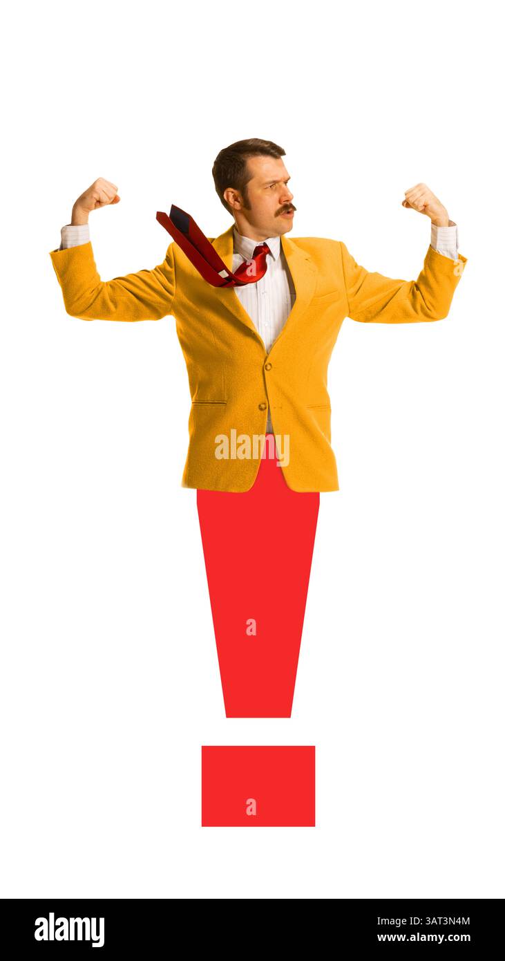 Creative art collage. Man in yellow suit flexing arms inside red ...