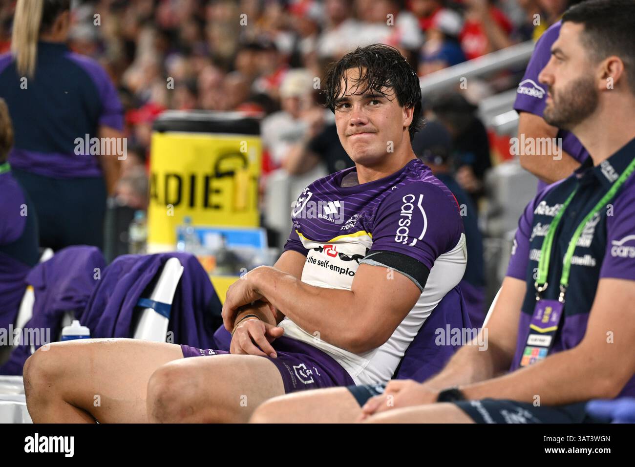 Jack Howarth of the Storm is seen on the bench after sustaining an ...