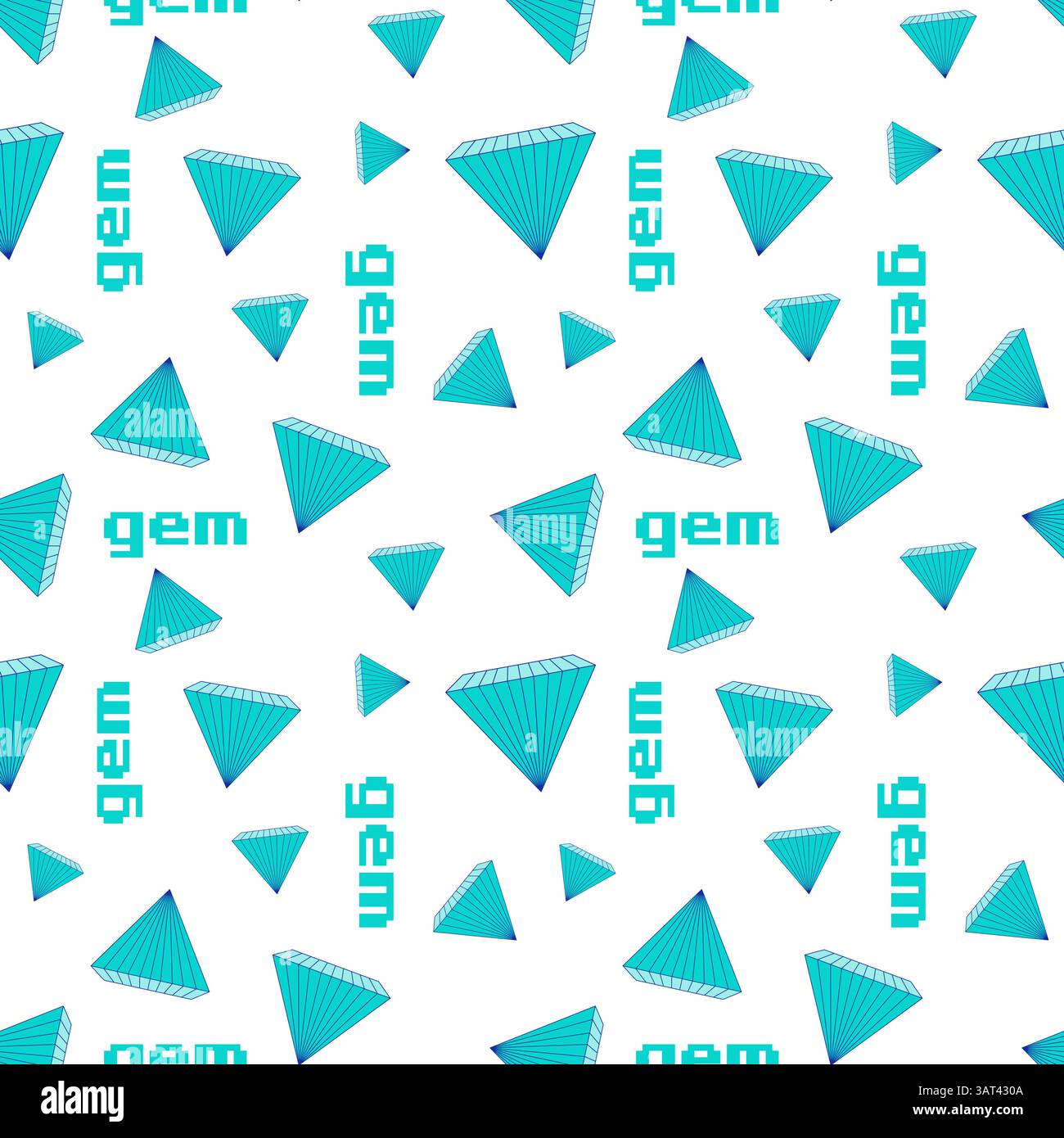 Pattern with game gems and crystals, pixel letters word GEM. White ...