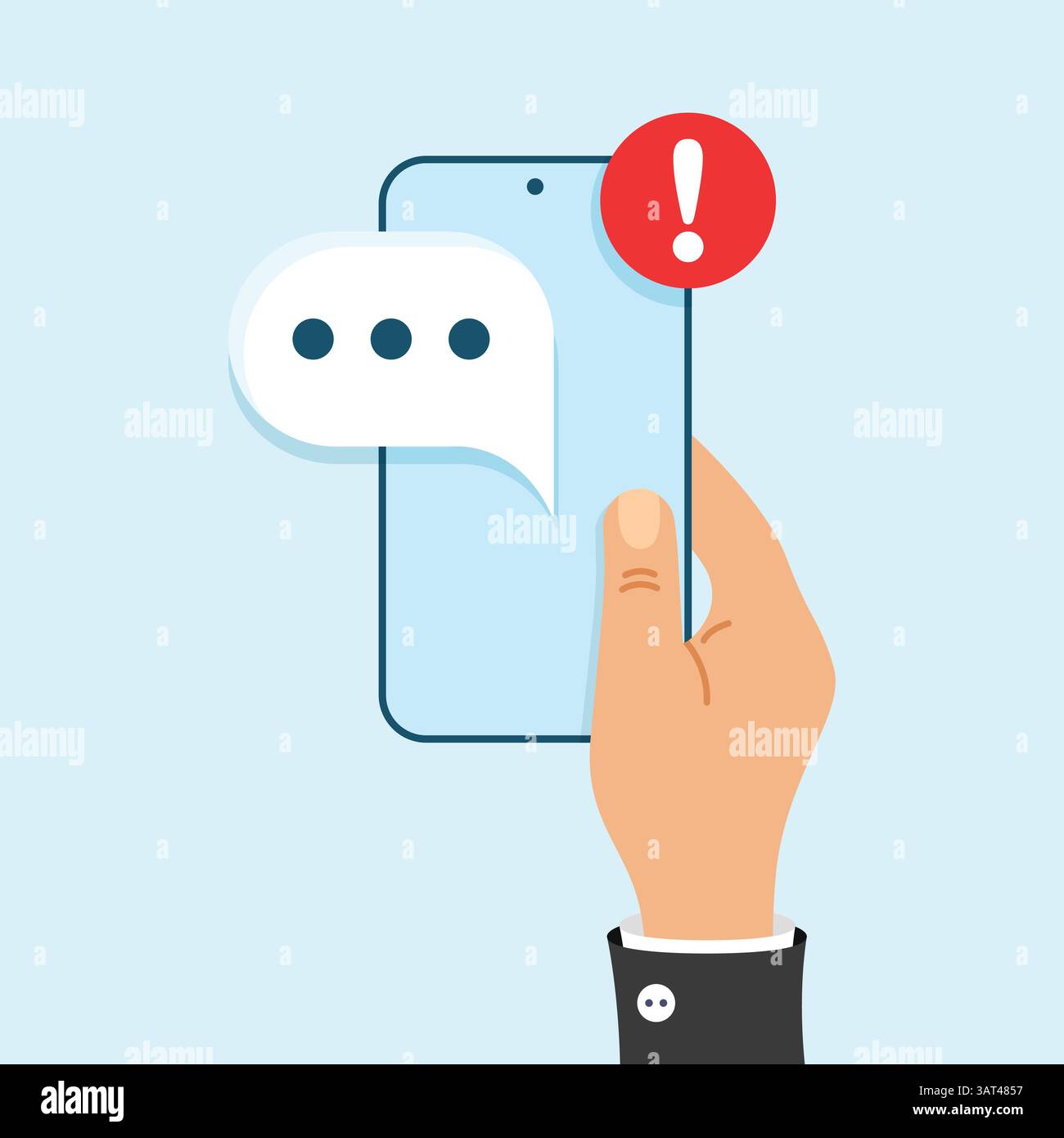 Hand holds phone with notifications icon in flat style. Smartphone with ...