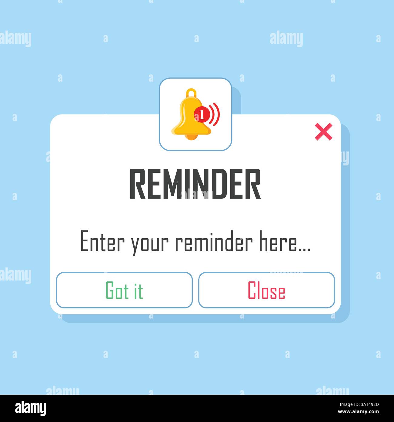 Reminder notifications page with alert bell icon in flat style. Event notice message vector ...