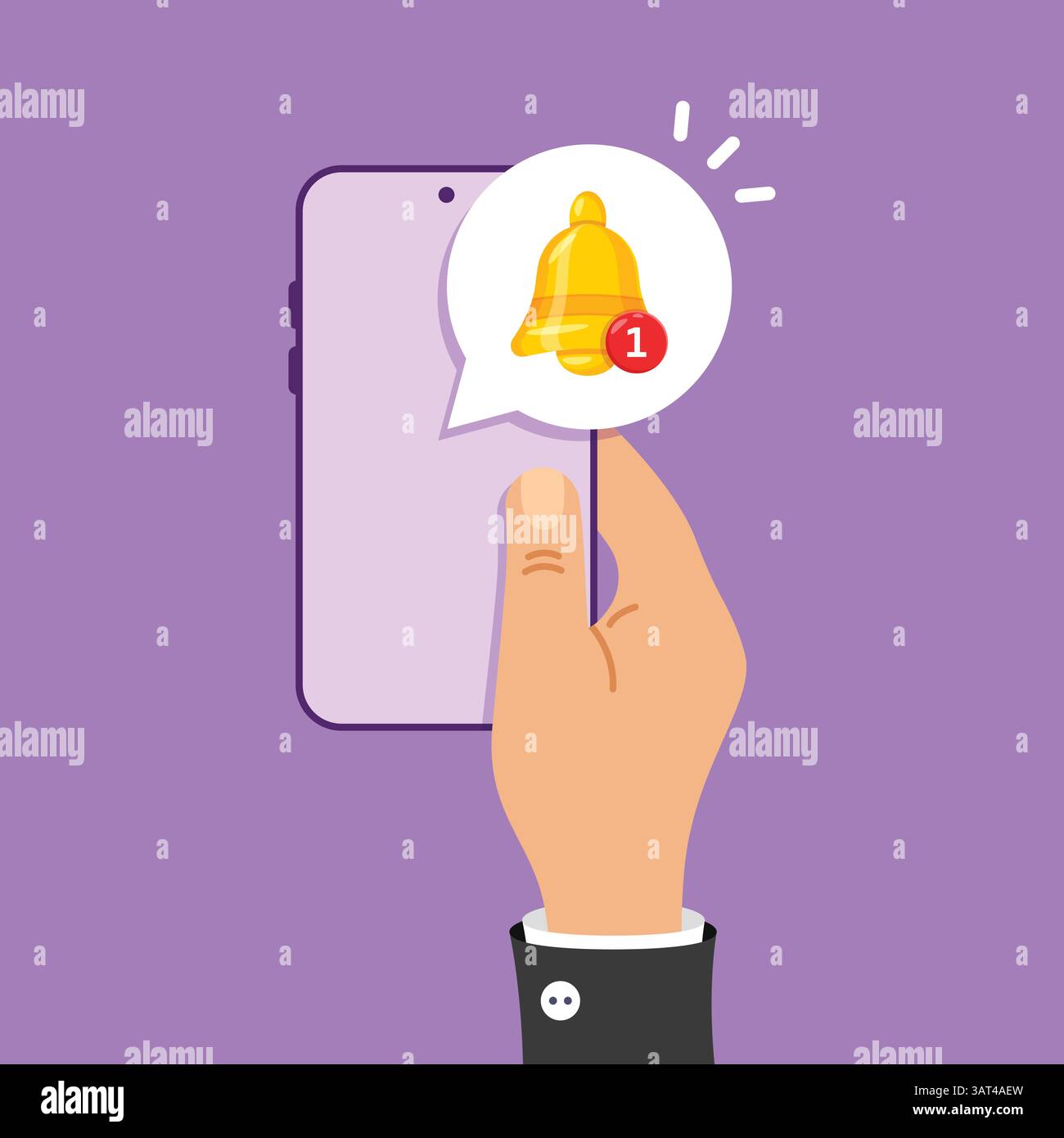 Hand holds phone with notifications icon in flat style. Smartphone with ...