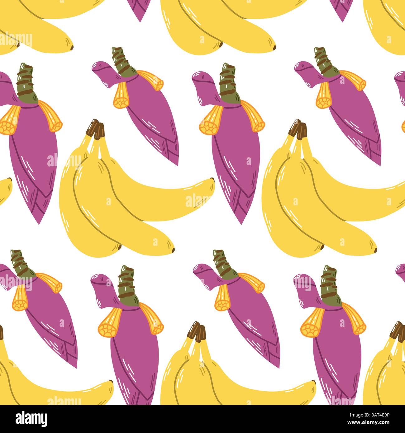 Colorful Seamless Pattern Featuring Bananas and Banana Flowers on White ...