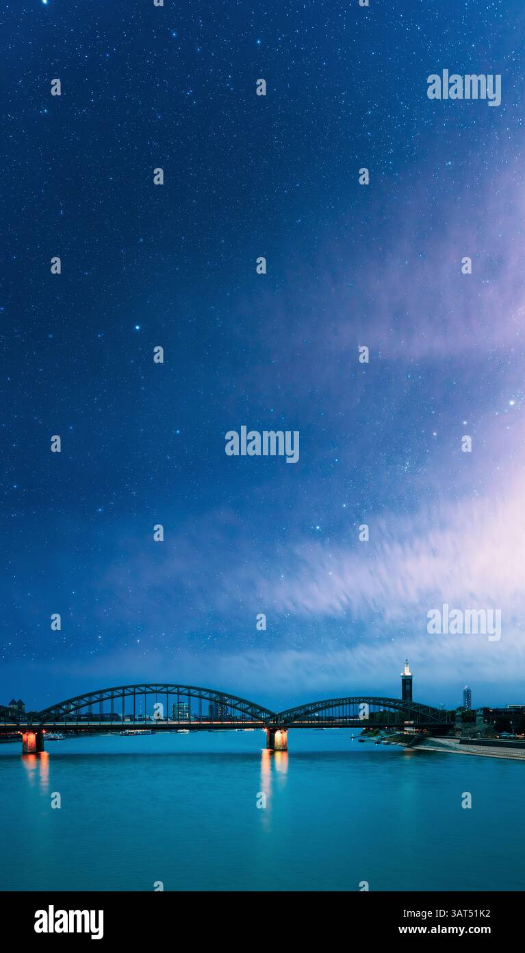 Night View Of Hohenzollern Arch Bridge Over The River Rhine, Germany ...