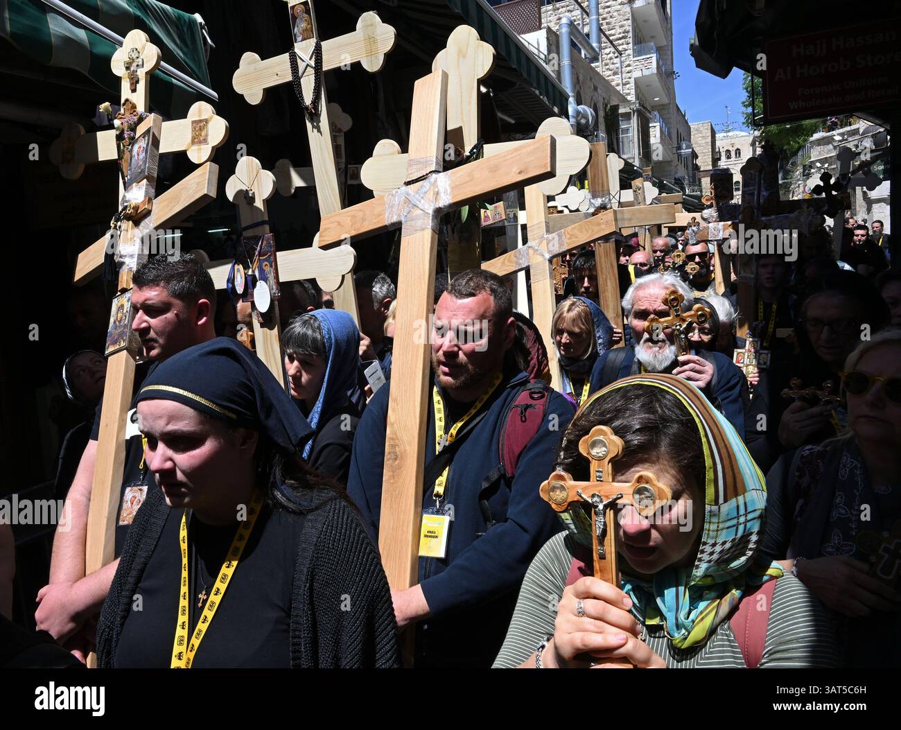 Old City Jerusalem, Israel. 18th Apr, 2025. Christians carry crosses on ...