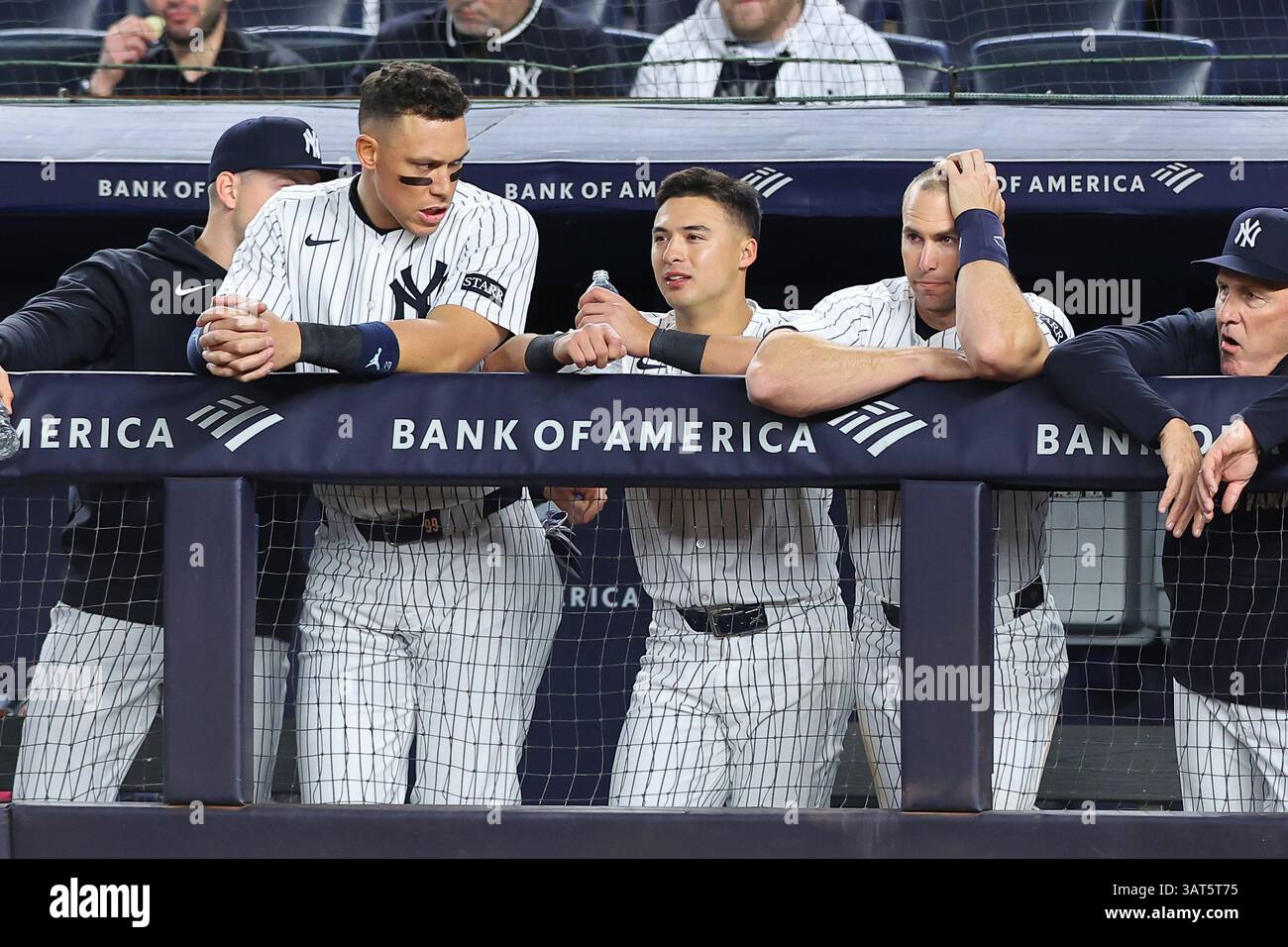 BRONX, NY - APRIL 14: Aaron Judge #99 of the New York Yankees, Anthony Volpe #11 of the New York ...