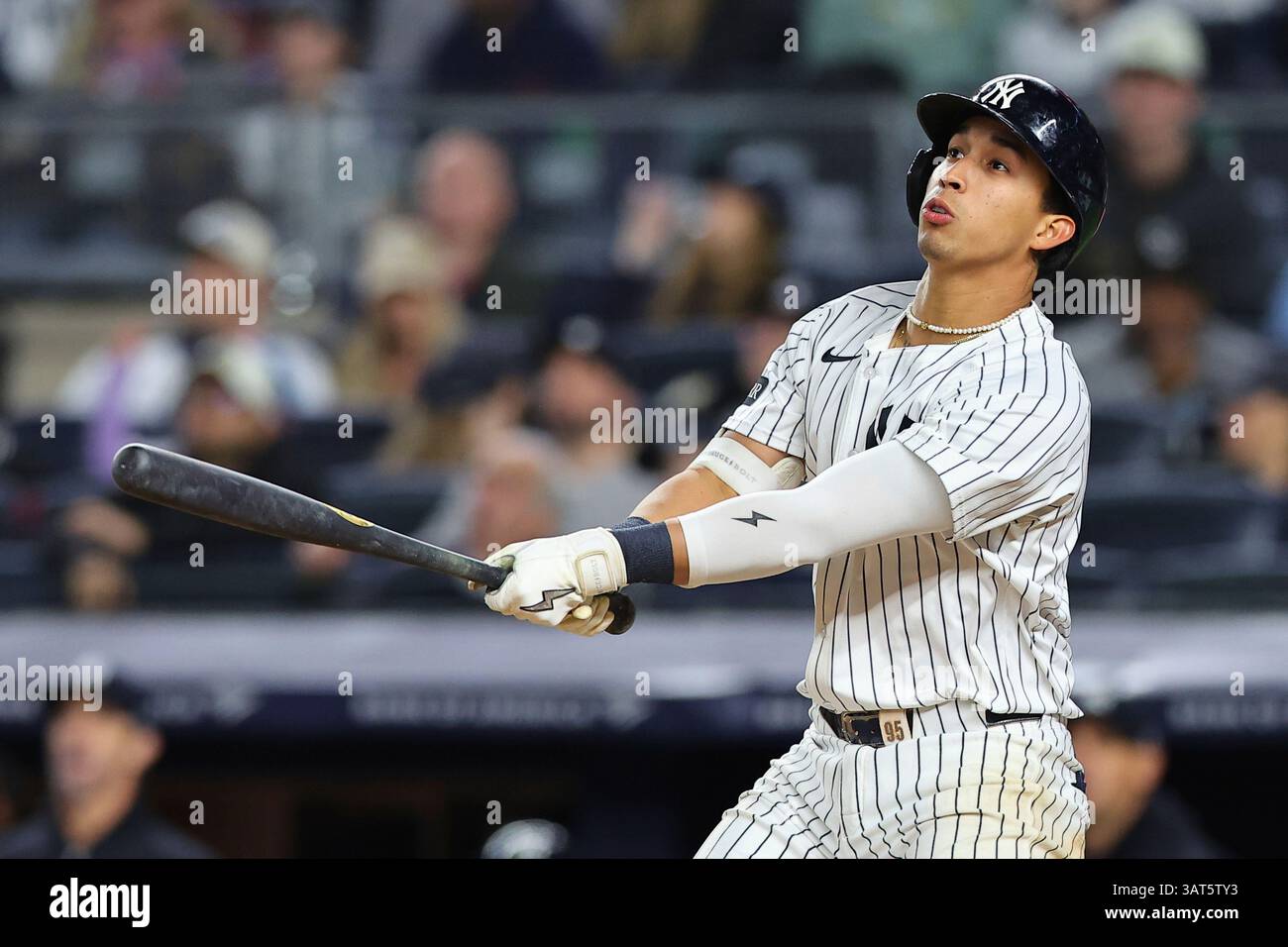 BRONX, NY - APRIL 14: Oswaldo Cabrera #95 of the New York Yankees at bat during the game against ...