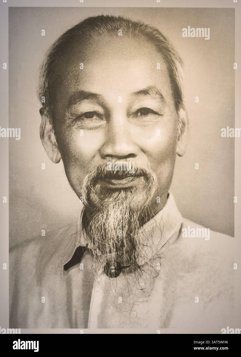 A photographic portrait of Vietnamese revolutionary hero Ho Chi Minh taken in 1964 and on ...