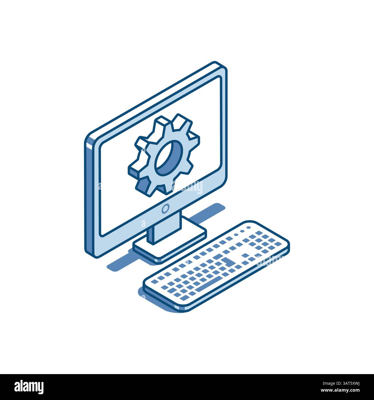 isometric vector linear icon of computer and gear, in color on white ...