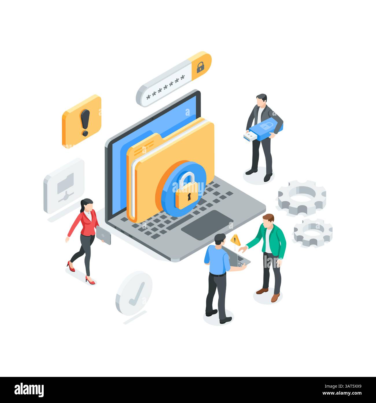 isometric vector business people near laptop with folder and lock, in ...