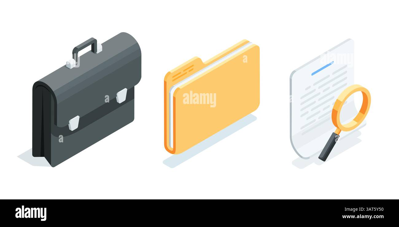 isometric vector set of business icons, in color on a white background, briefcase with folder ...