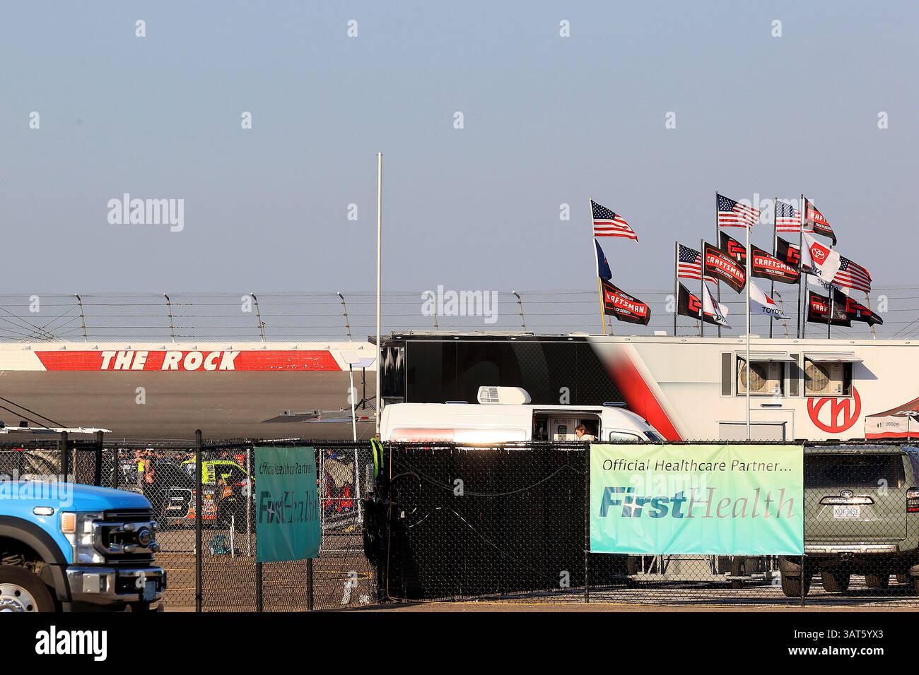 ROCKINGHAM, NC - APRIL 18: Track logo on the inside wall in Turn 1 ...