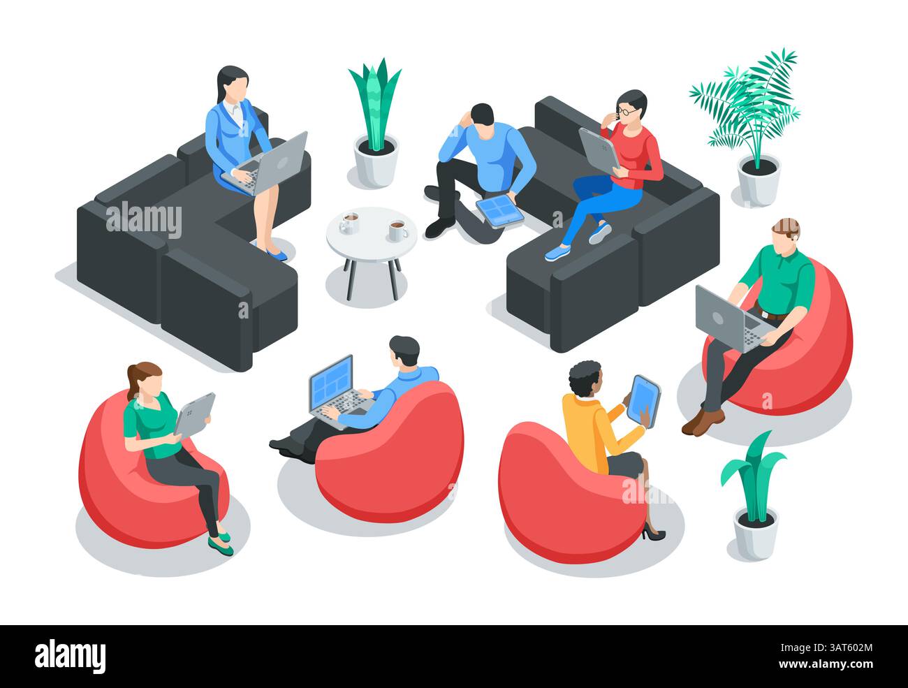 isometric vector set of people sitting in beanbag chairs and on sofas ...