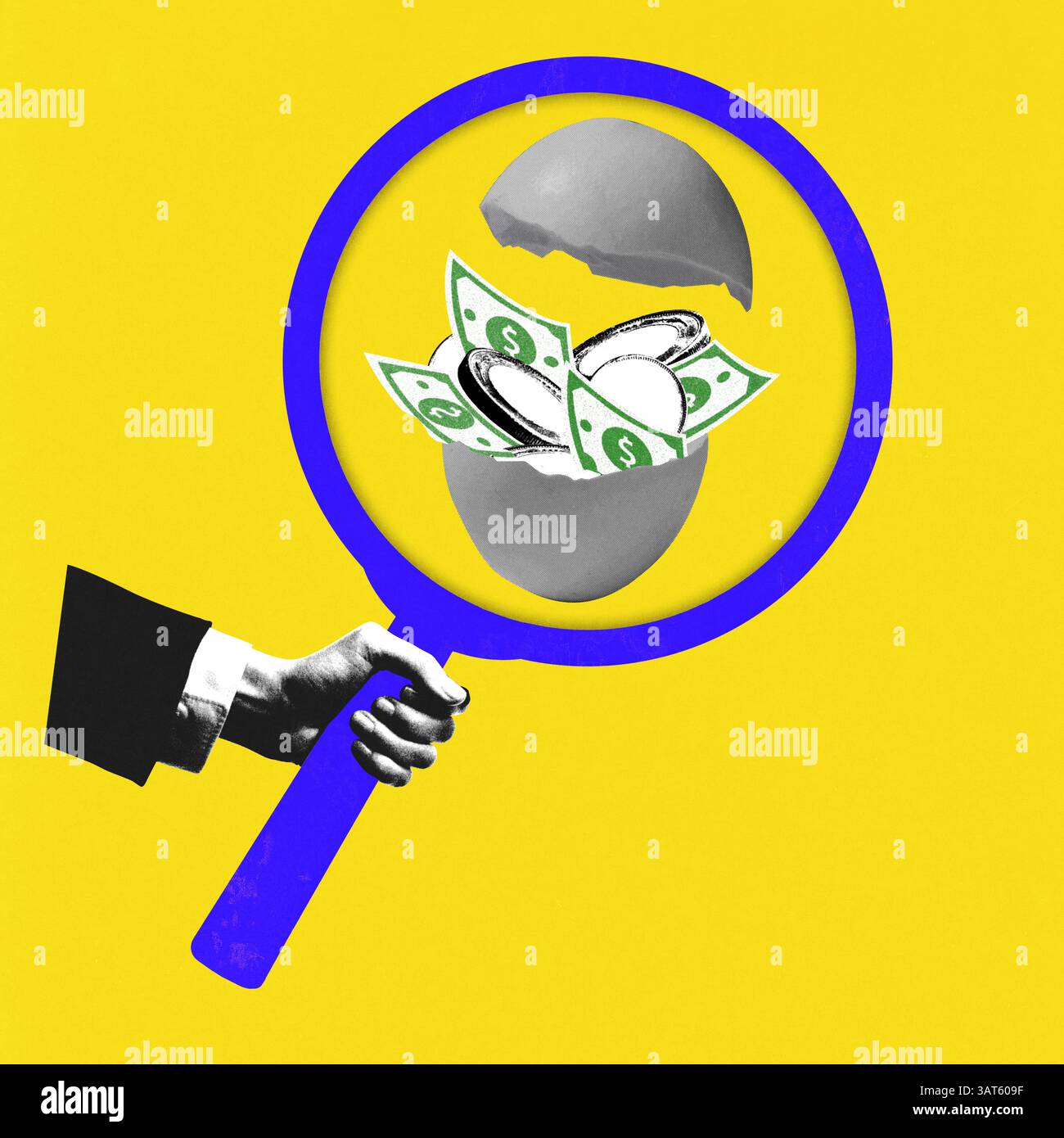 Magnifying glass reveals cracked egg filled with money bills and coins ...