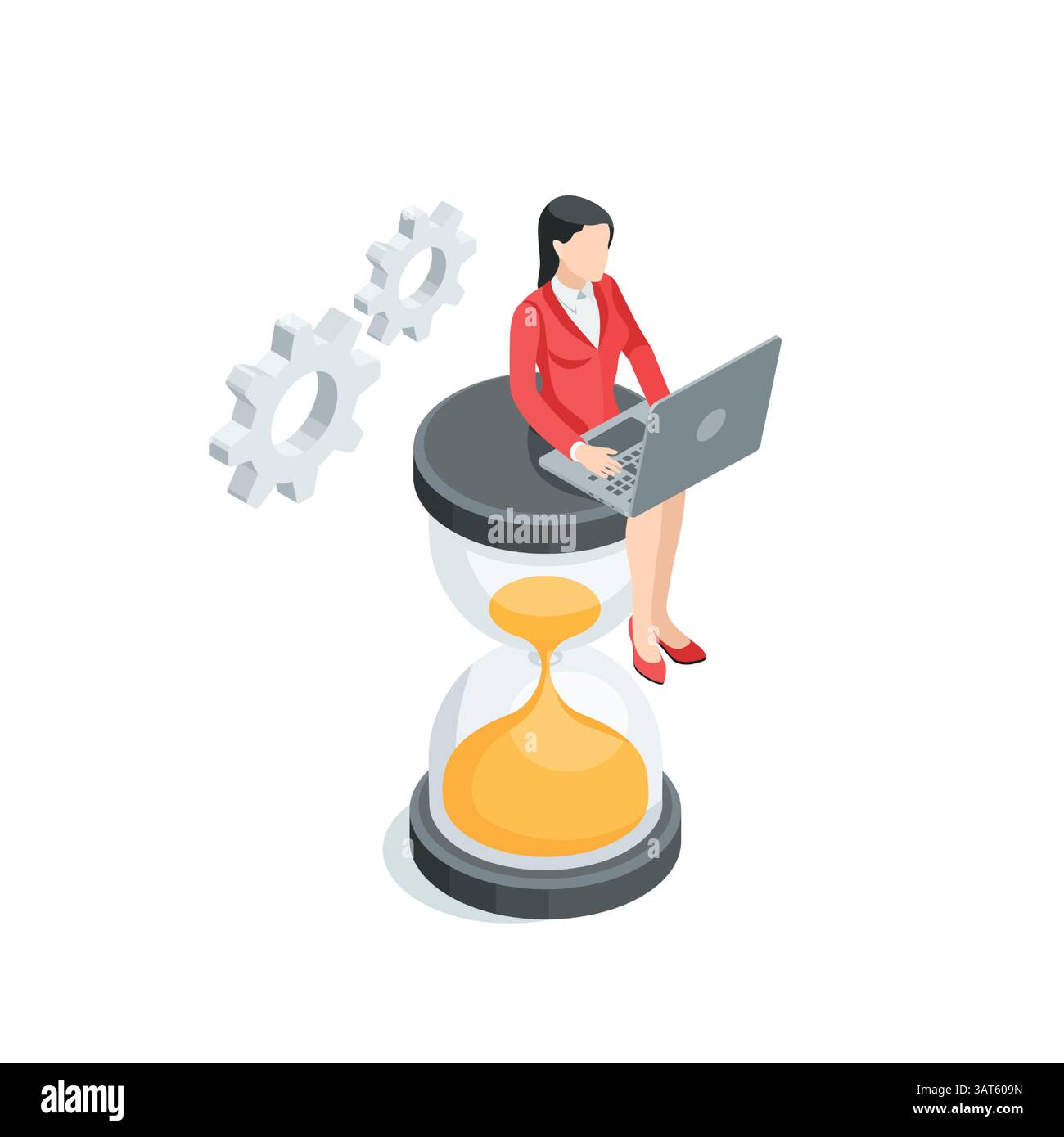 isometric vector woman in business suit with laptop sits on hourglass ...