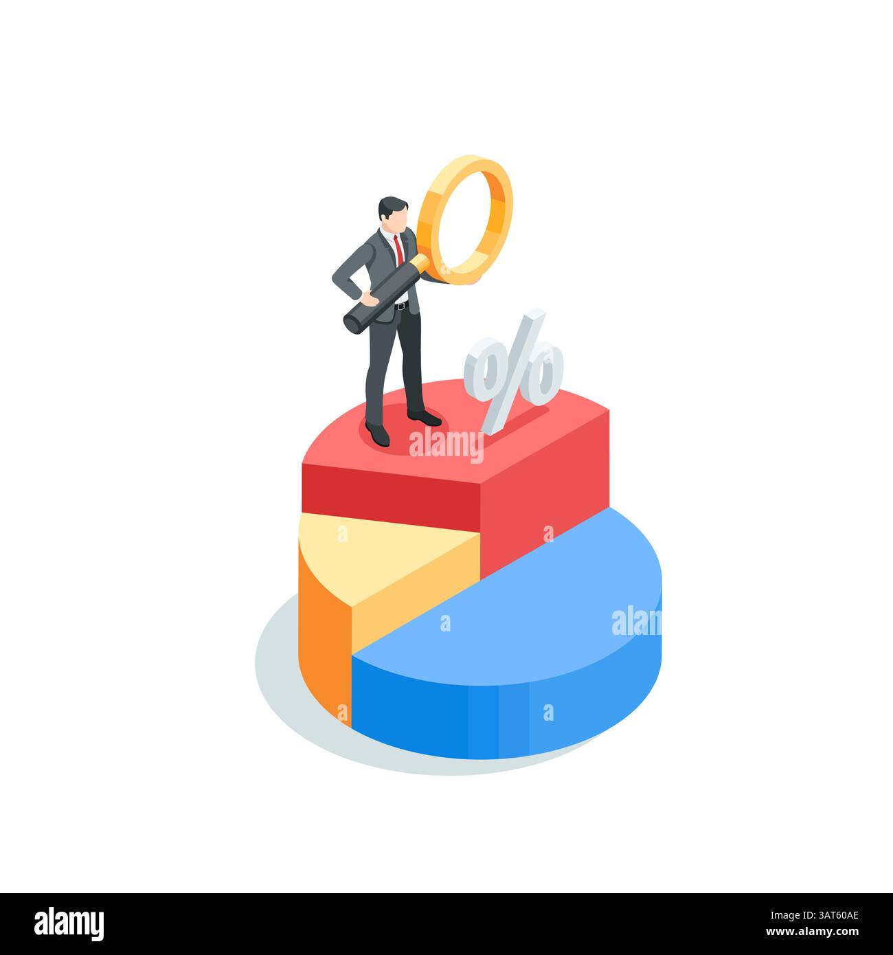 isometric vector business man with magnifying glass on pie chart, in ...