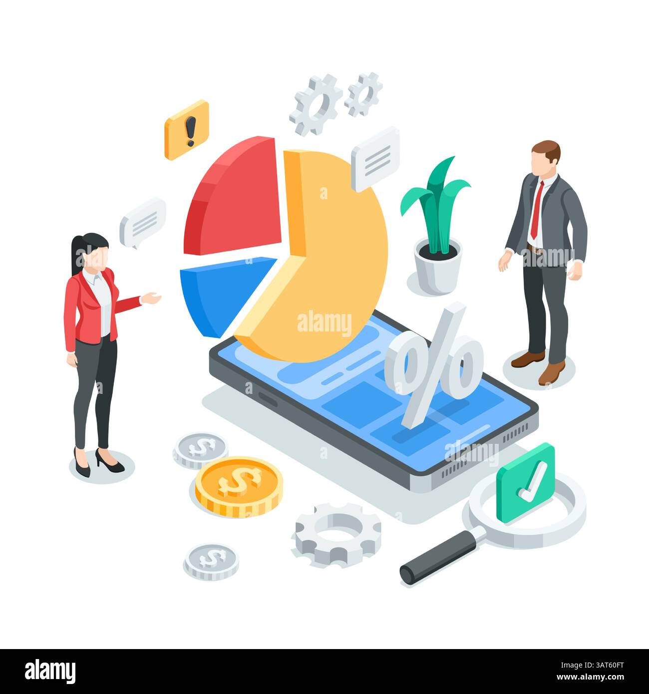 isometric vector business people analyzing a chart on smartphone screen ...